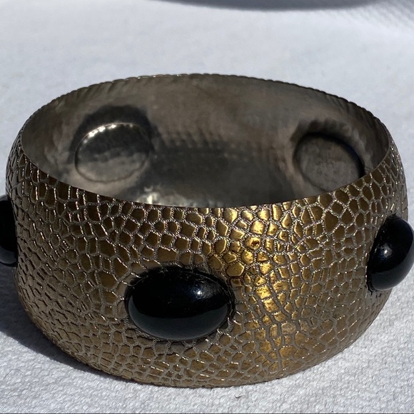 Jewelry | Vintage Chunky Gold Tone Snakeskin And Black Bead Wide Bangle Statement Bracelet ...